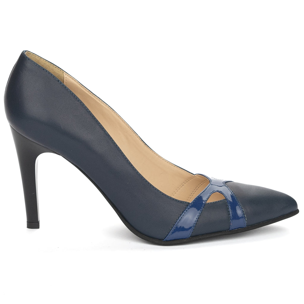 Pantofi dama din piele naturala bleumarin cu toc subtire 9 cm 13890 ...