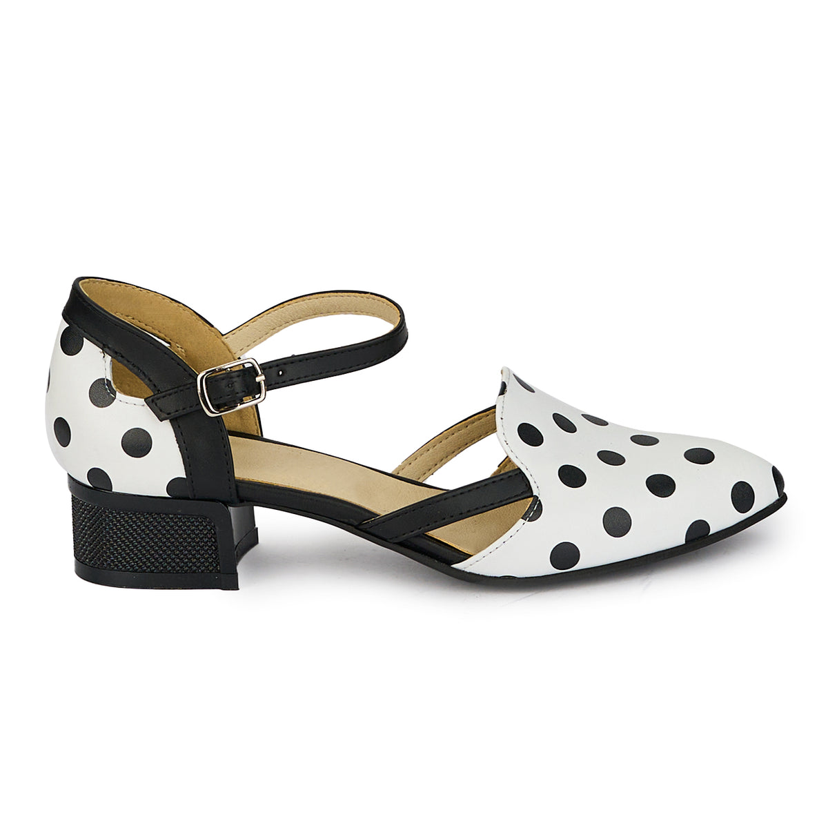 Pantofi dama din piele naturala alba cu buline negre cu toc mic 3 cm 1 ...