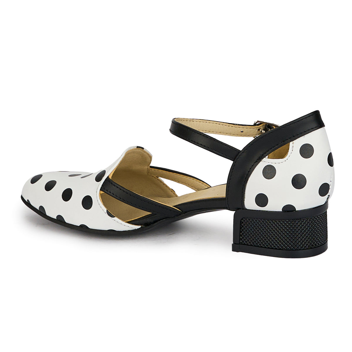 Pantofi dama din piele naturala alba cu buline negre cu toc mic 3 cm 1 ...