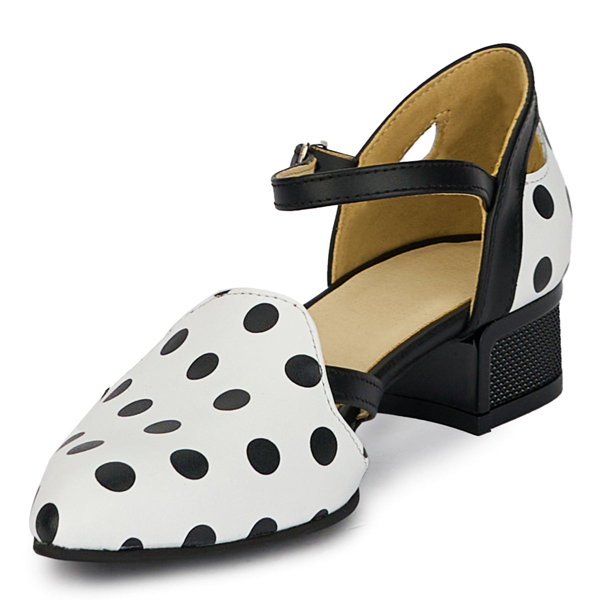 Pantofi dama din piele naturala alba cu buline negre cu toc mic 3 cm 1 ...