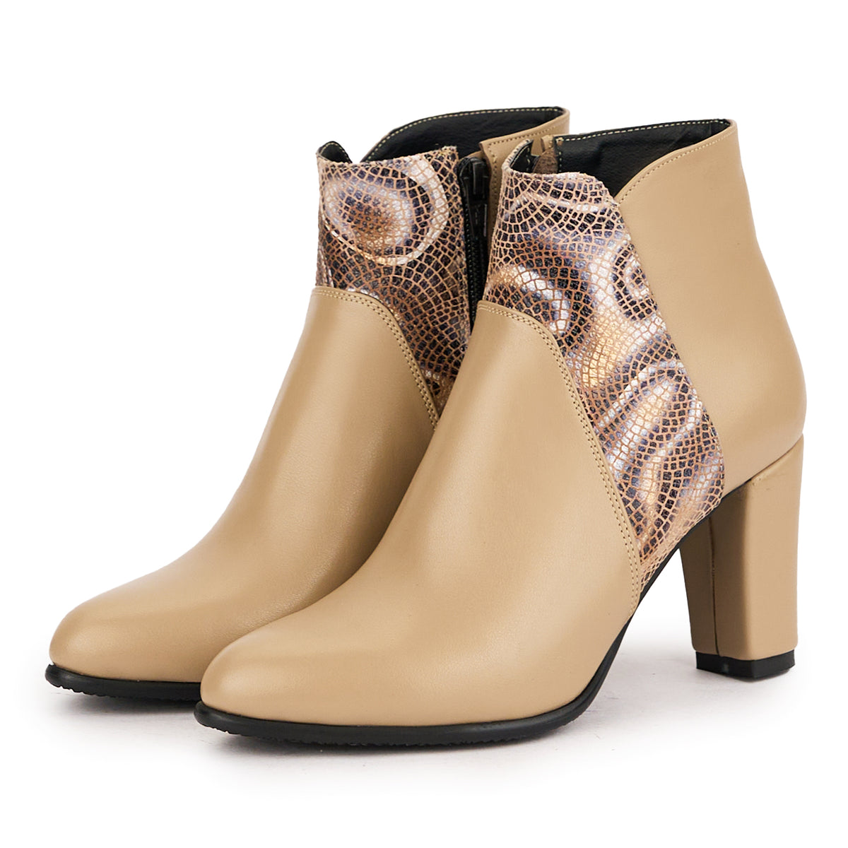 Botine dama din piele naturala bej cu toc gros 8 cm 16701 – Superlative.ro