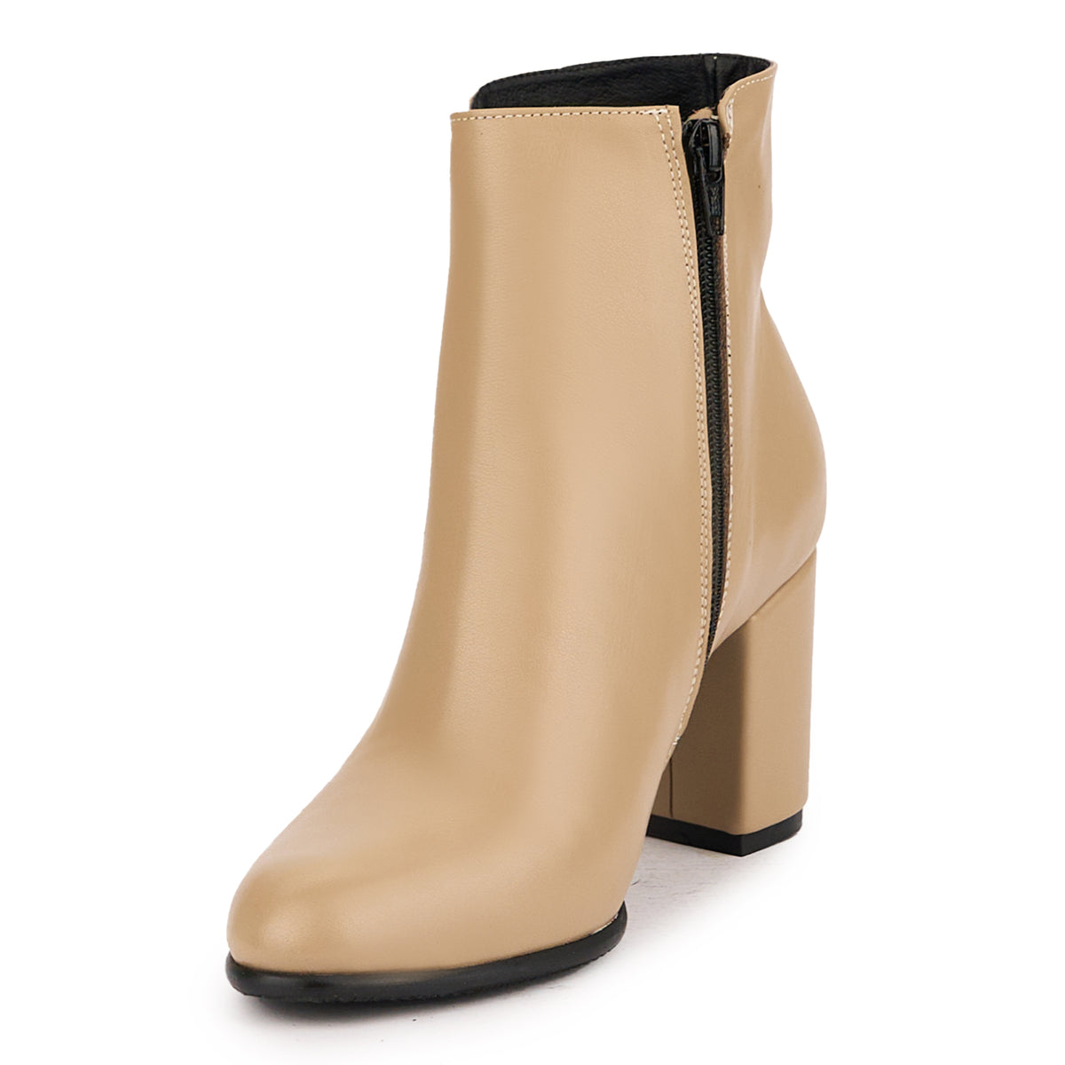 Botine dama din piele naturala bej cu toc gros 8 cm 16710 – Superlative.ro