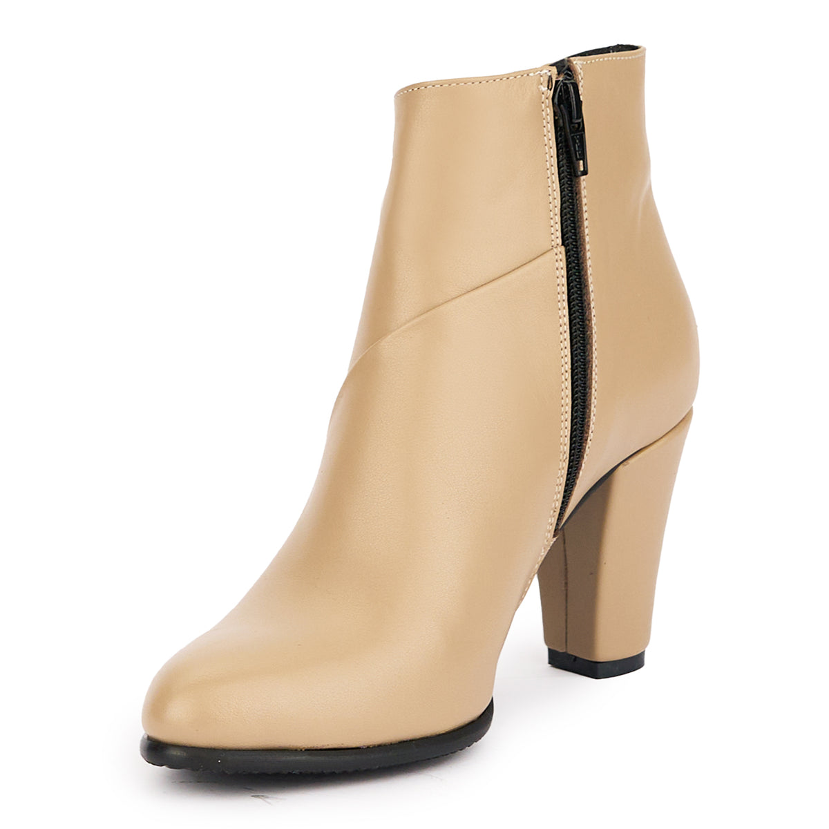 Botine dama din piele naturala bej cu toc gros 8 cm 16951 – Superlative.ro