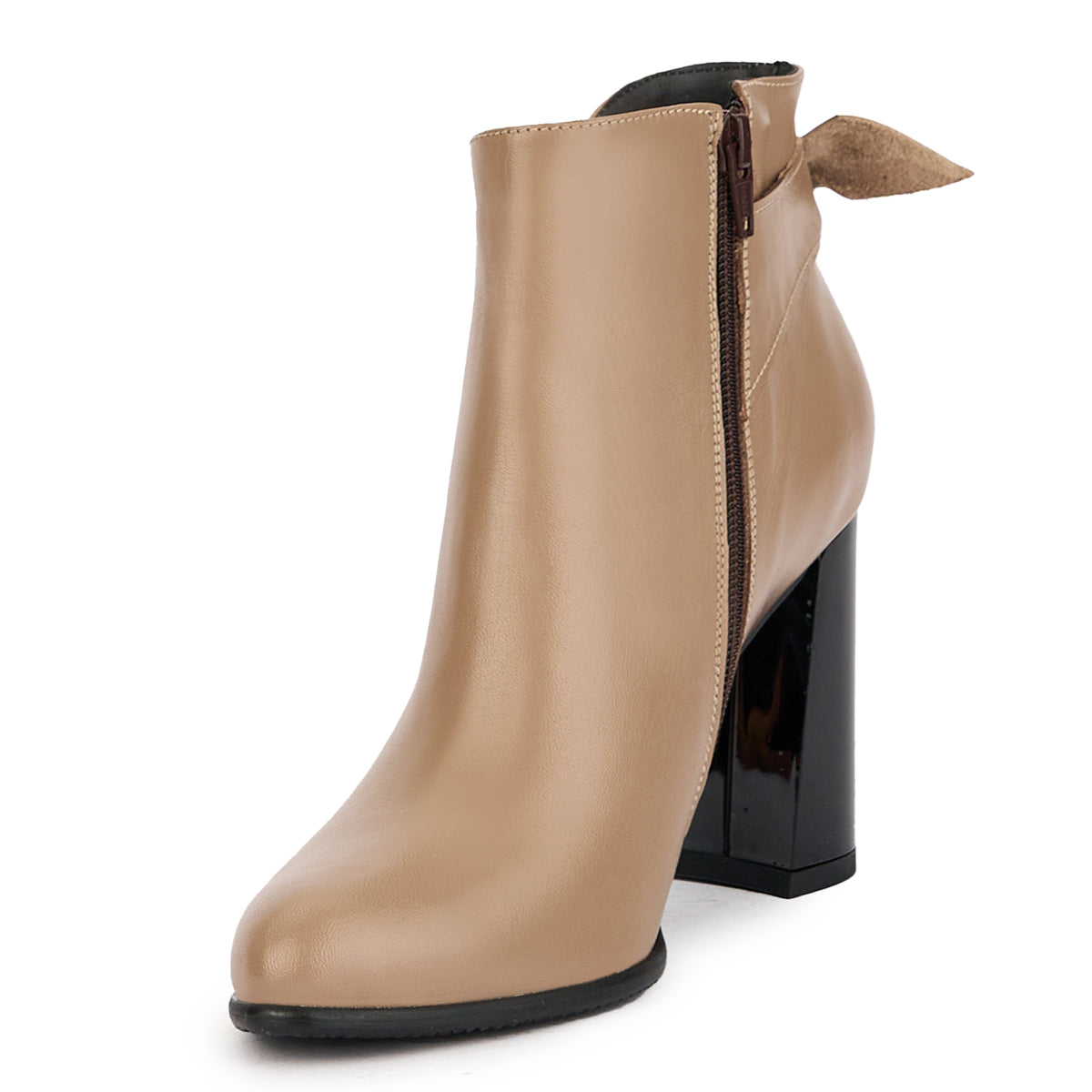 Botine dama din piele naturala bej cu toc gros 9.5 cm 17260 ...