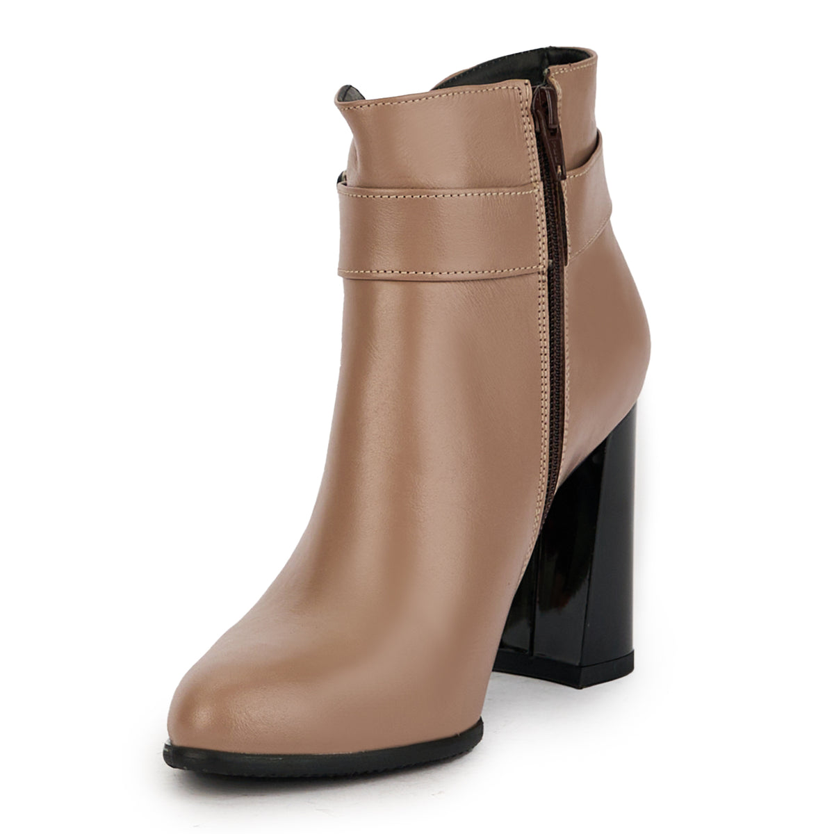 Botine dama din piele naturala bej cu toc gros 9 cm 17361 – Superlative.ro