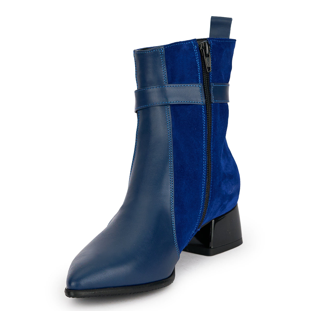 Botine dama din piele naturala bleumarin cu toc gros 4 cm 19110 ...