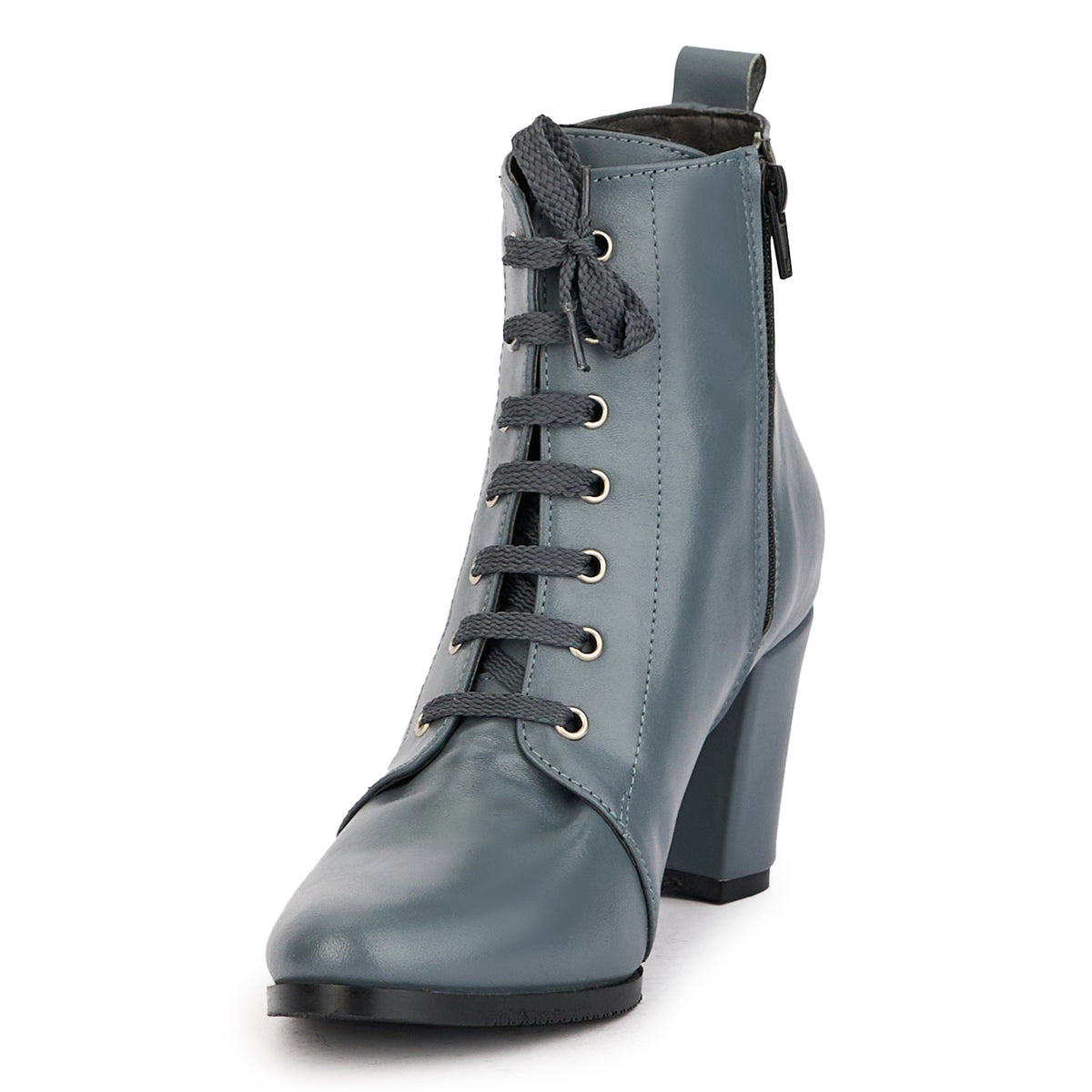 Botine dama din piele naturala gri cu toc gros 7.5 cm 17184 ...