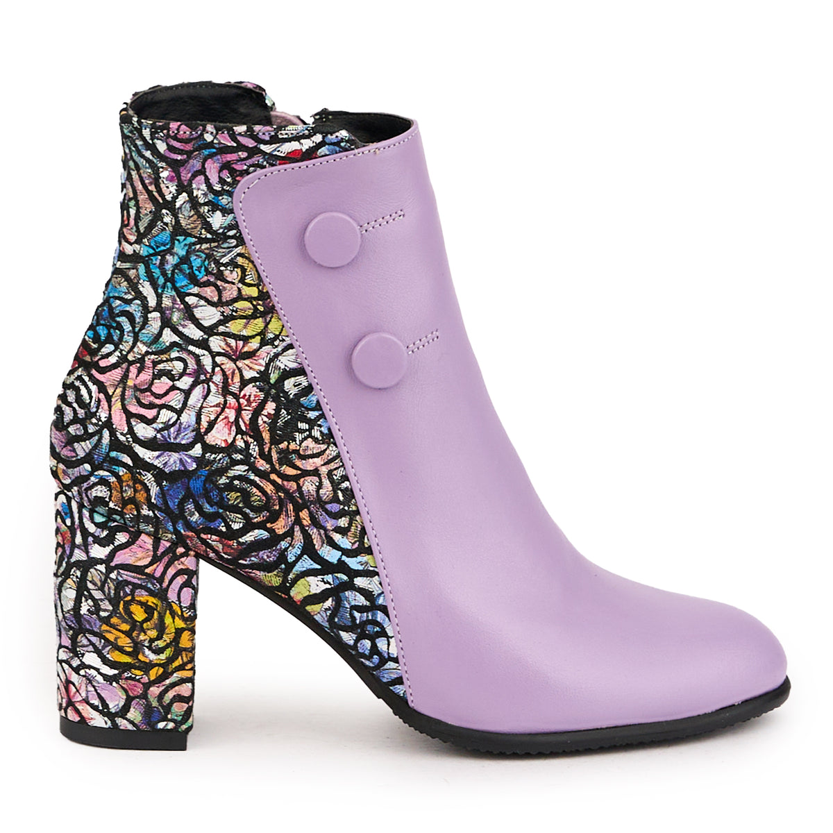 Botine dama din piele naturala mov + multicolor cu toc gros 8 cm 16707 ...