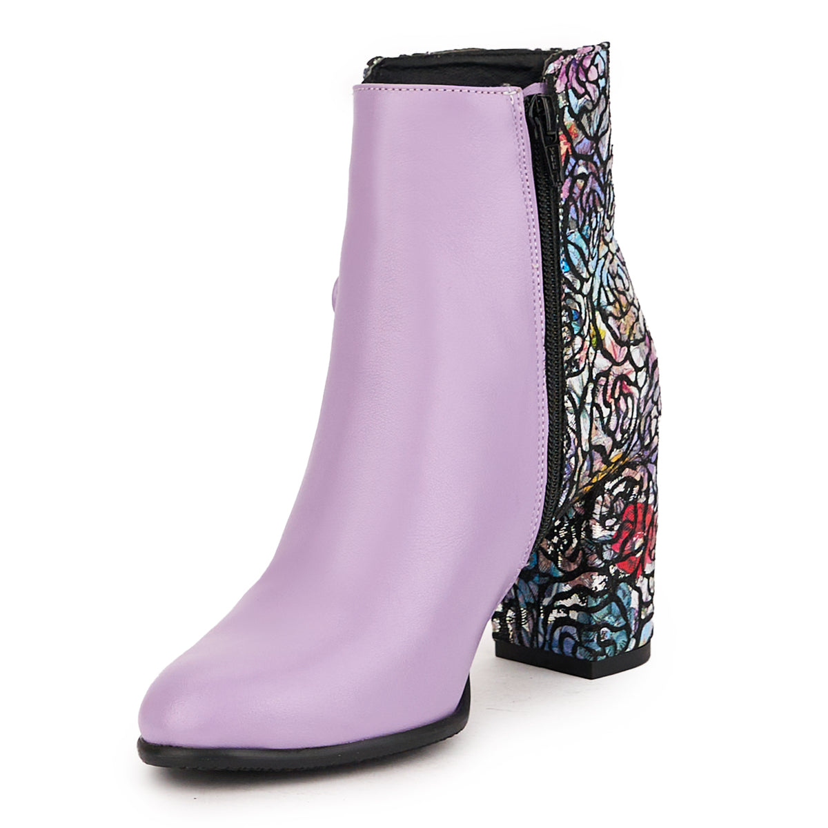 Botine dama din piele naturala mov + multicolor cu toc gros 8 cm 16707 ...