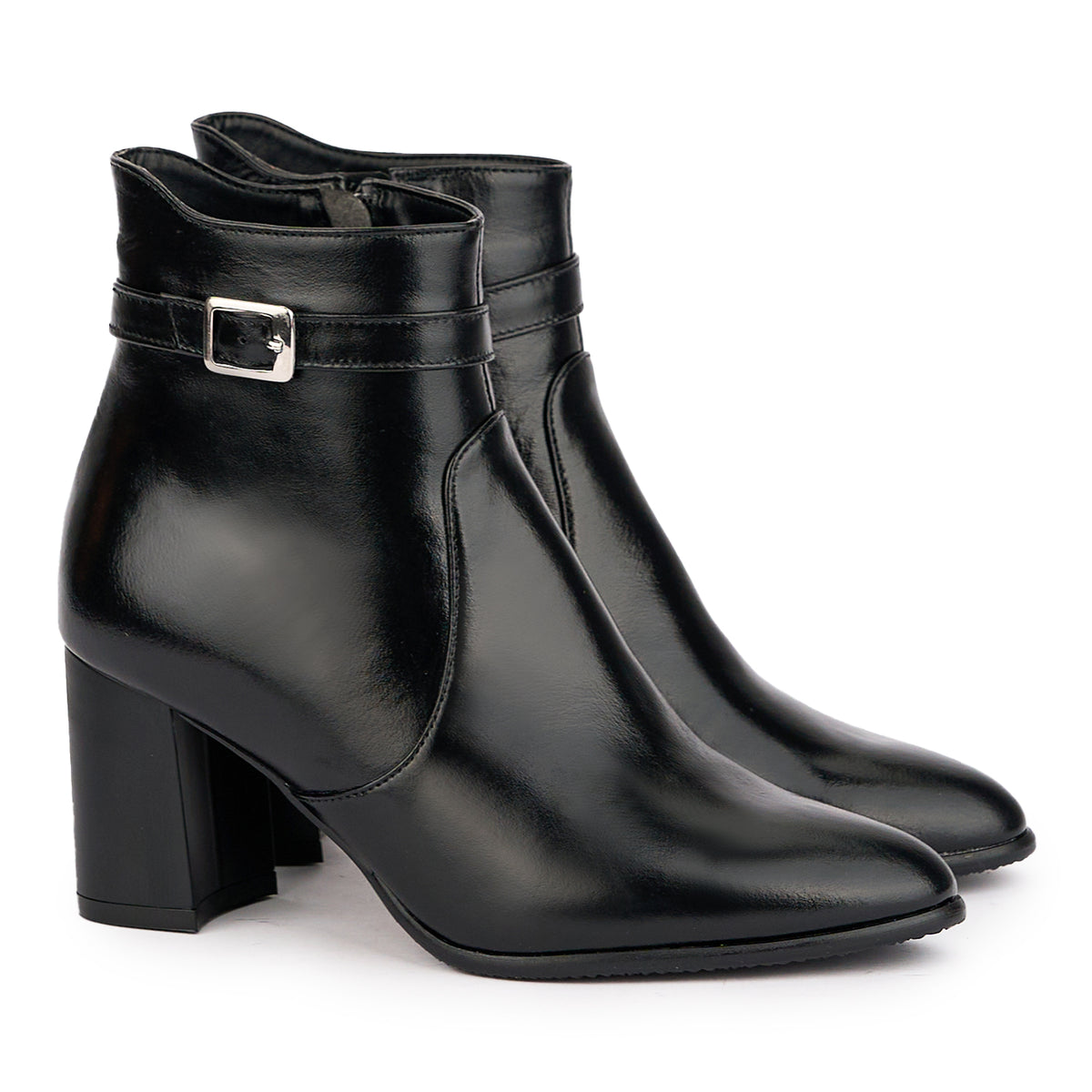 Botine dama din piele naturala neagra cu toc gros 7.5 cm 16979 ...