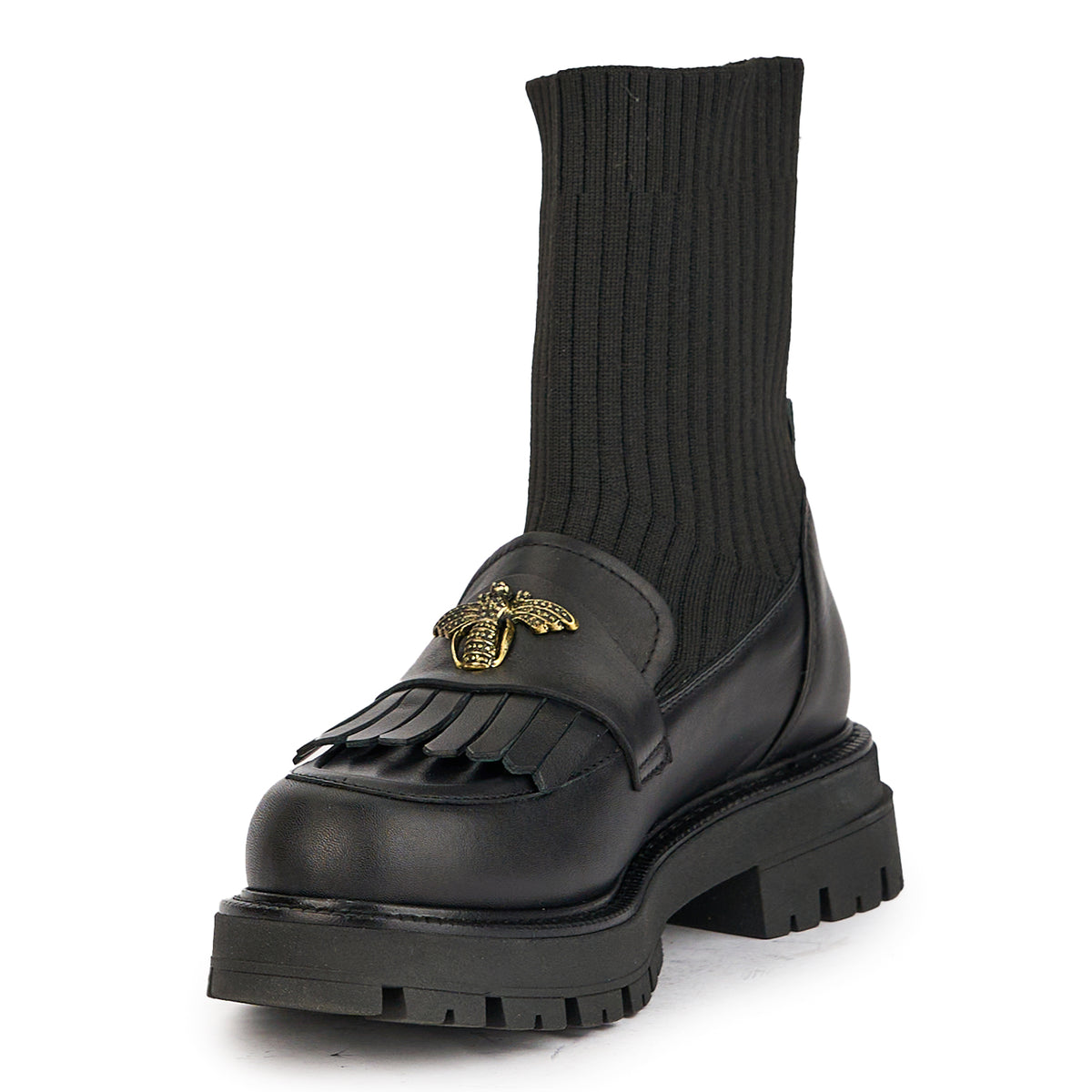 Ghete dama tip soseta din piele naturala neagra cu accesoriu 17212 ...