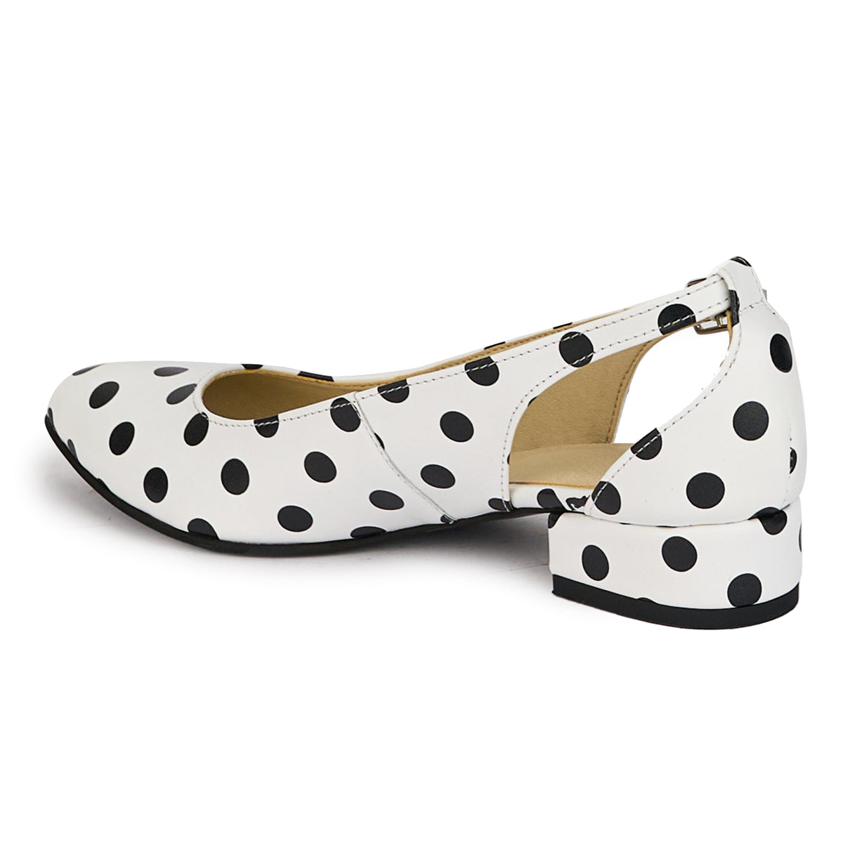 Pantofi dama din piele naturala alba cu buline negre cu toc mic 3 cm 1 ...