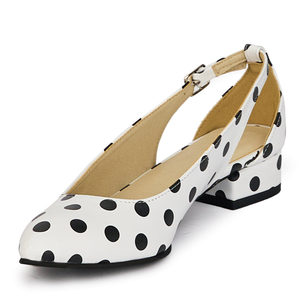 Pantofi dama din piele naturala alba cu buline negre cu toc mic 3 cm 1 ...