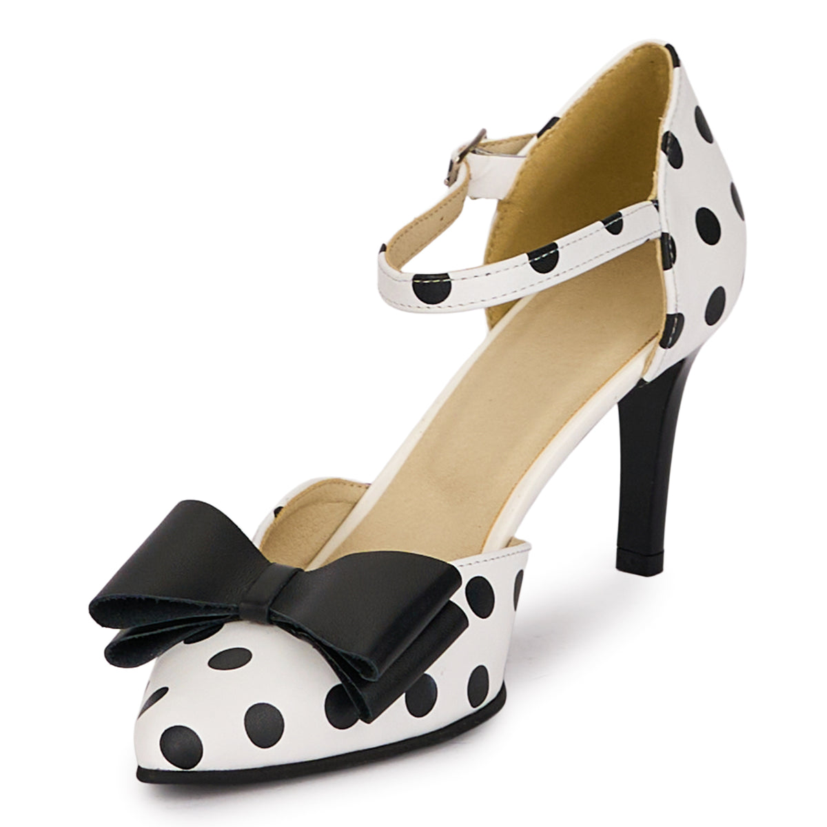Pantofi dama din piele naturala alba cu buline negre cu toc subtire 7 ...