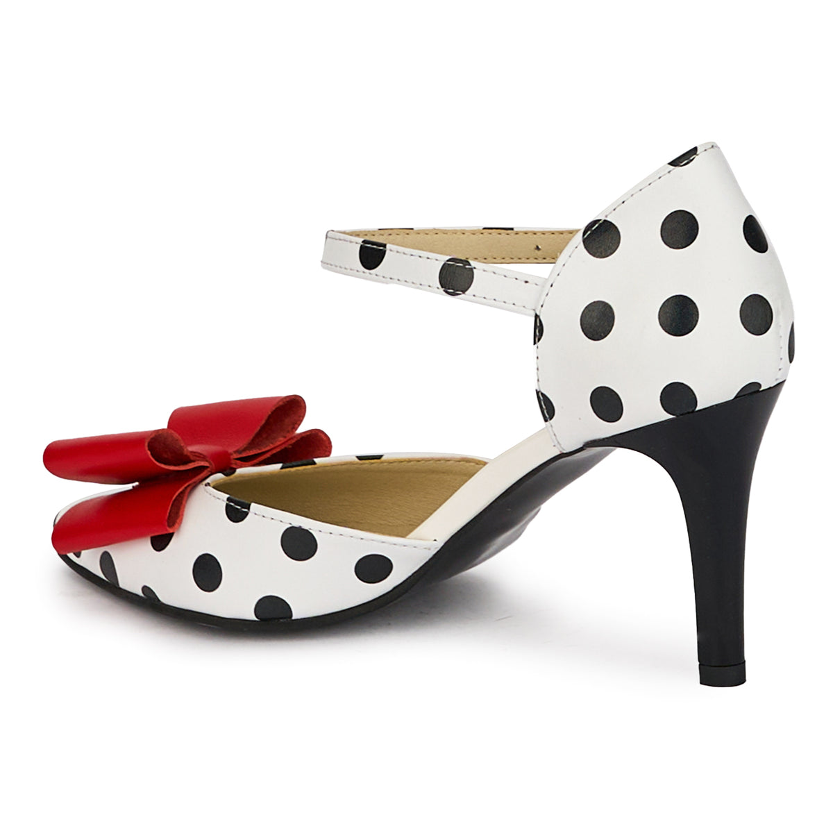 Pantofi dama din piele naturala alba cu buline negre cu toc subtire 8 ...