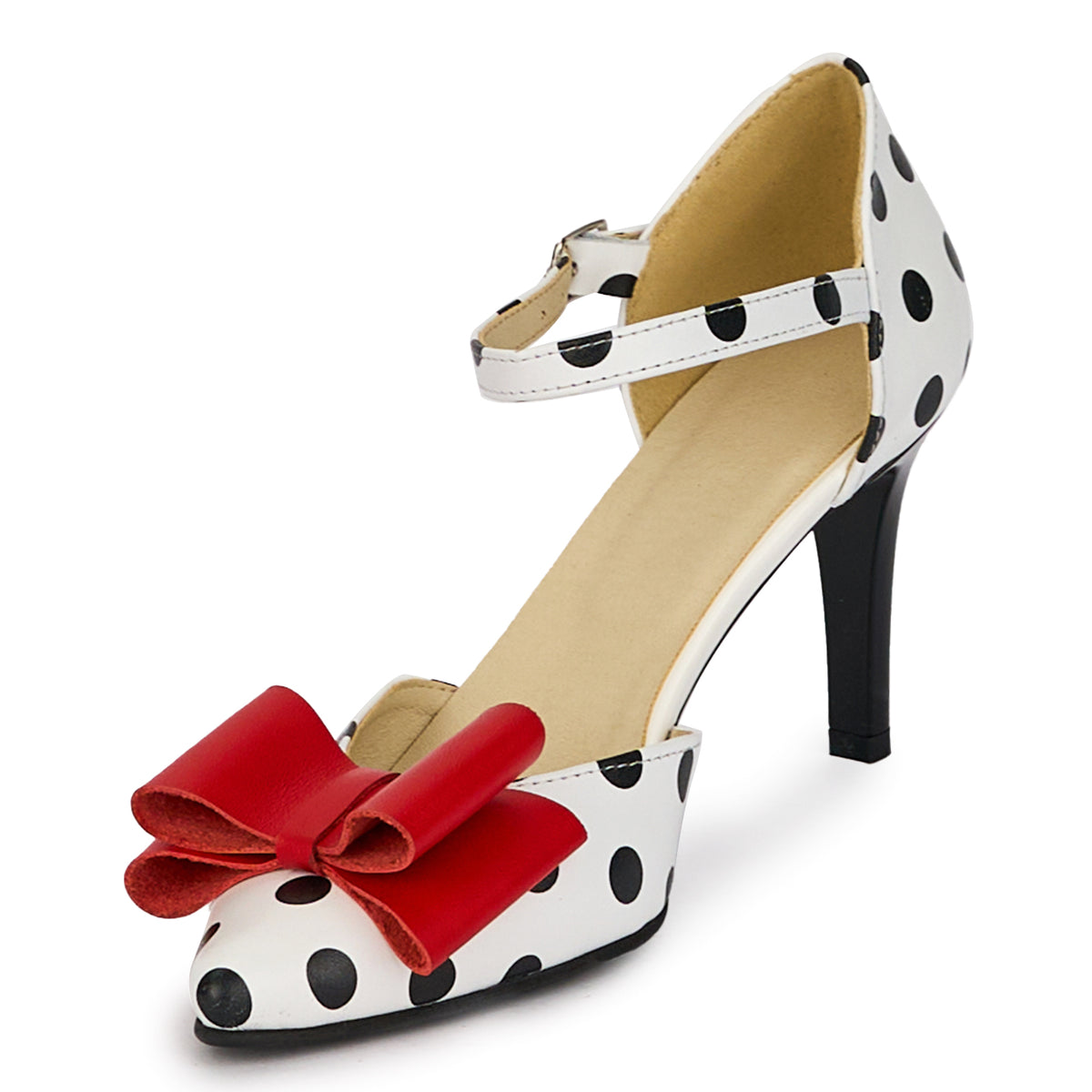 Pantofi dama din piele naturala alba cu buline negre cu toc subtire 8 ...