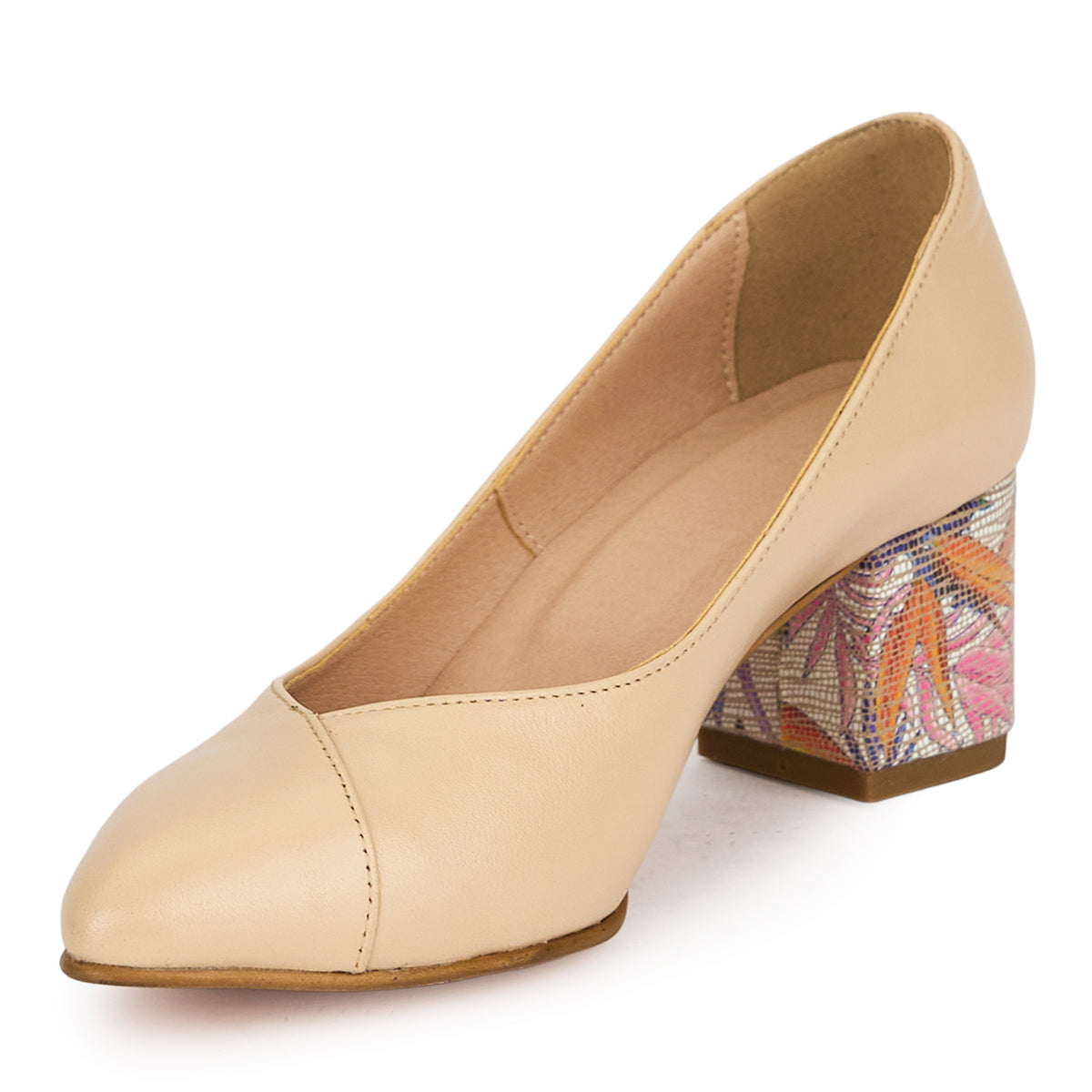 Pantofi dama din piele naturala bej cu toc gros 5.5 cm 19123 ...
