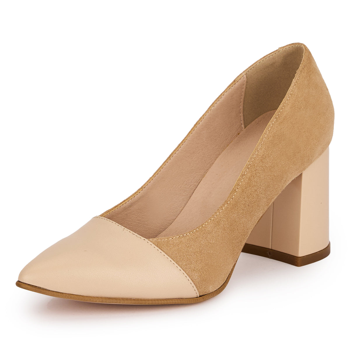 Pantofi dama din piele naturala bej cu toc gros 7.5 cm 18843 ...