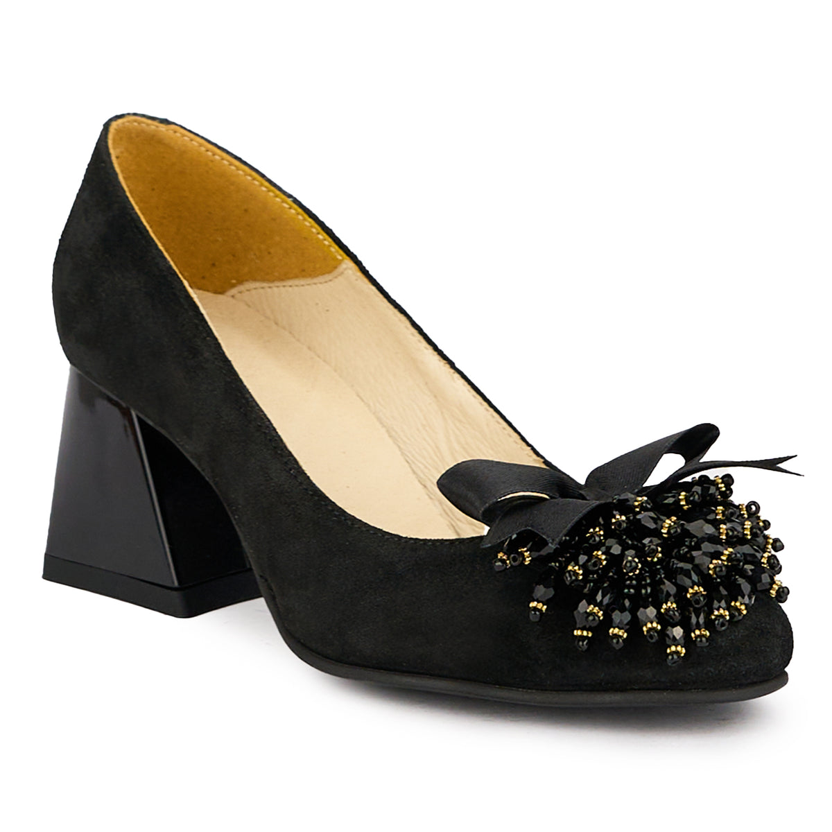 Pantofi dama din piele naturala neagra cu accesoriu si toc gros 6 cm 1 ...