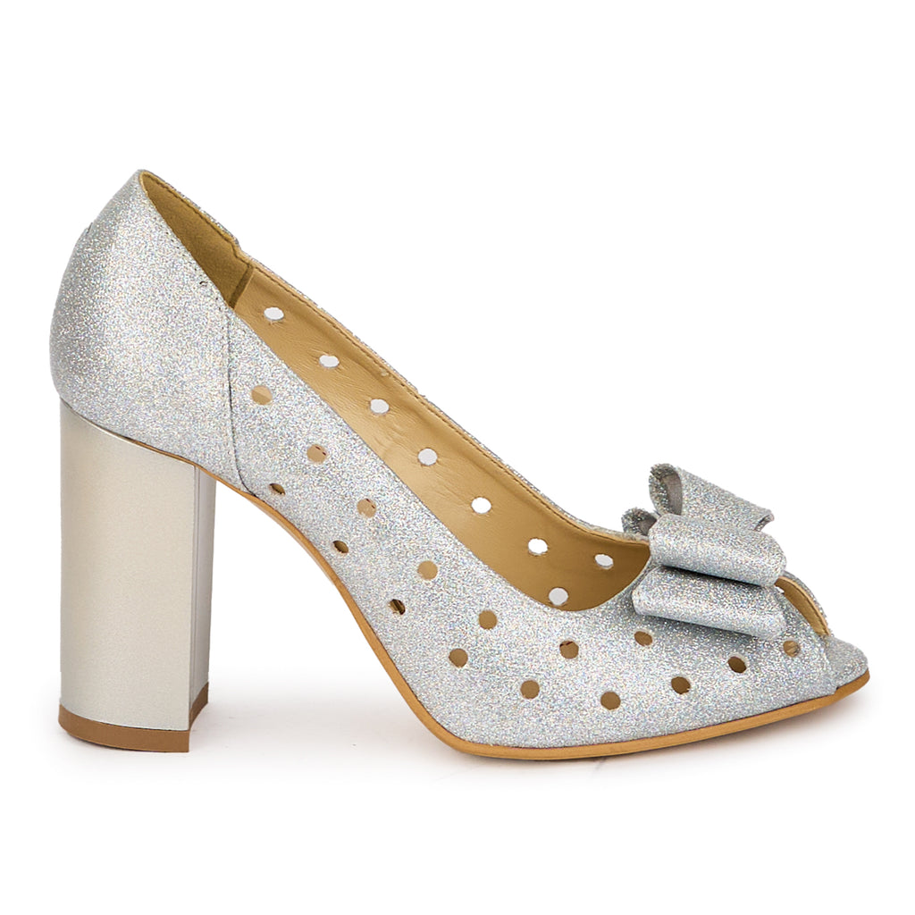 Pantofi decupati dama din piele naturala argintie cu toc gros 8 cm 180 ...