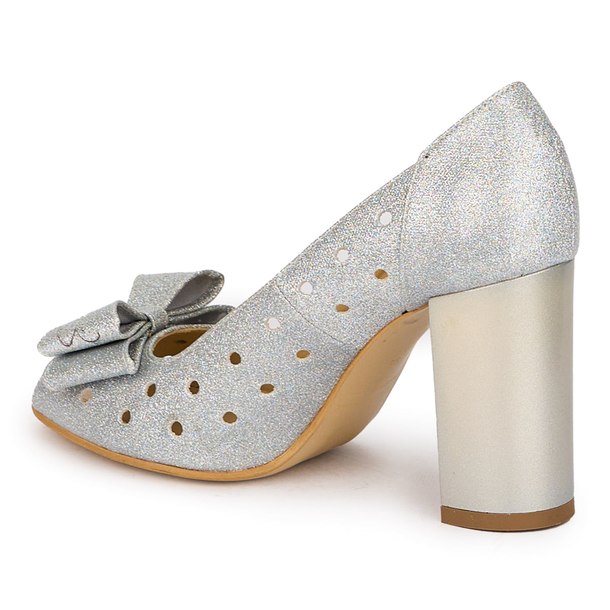 Pantofi decupati dama din piele naturala argintie cu toc gros 8 cm 180 ...