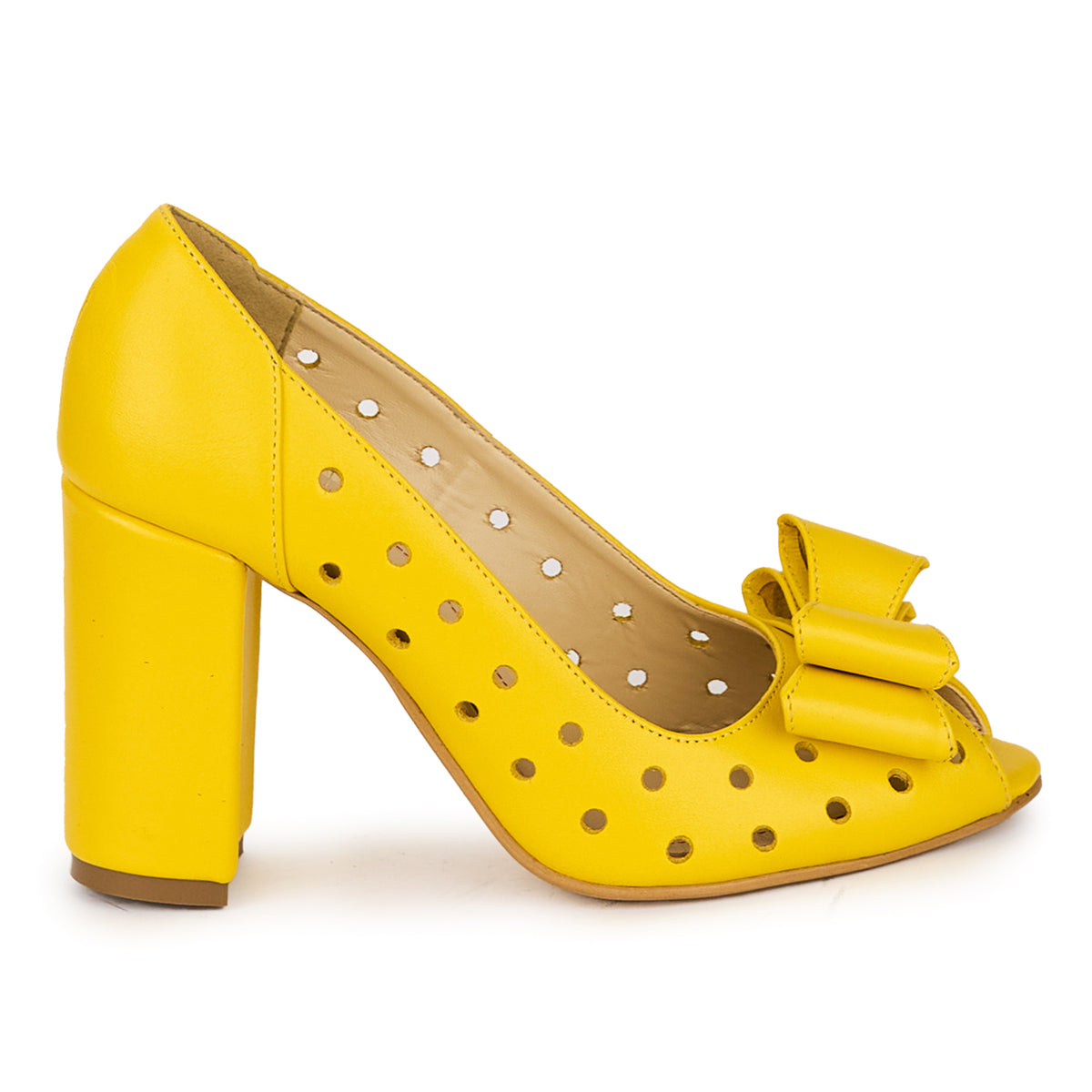 Pantofi decupati dama din piele naturala galbena cu toc gros 8 cm 1808 ...