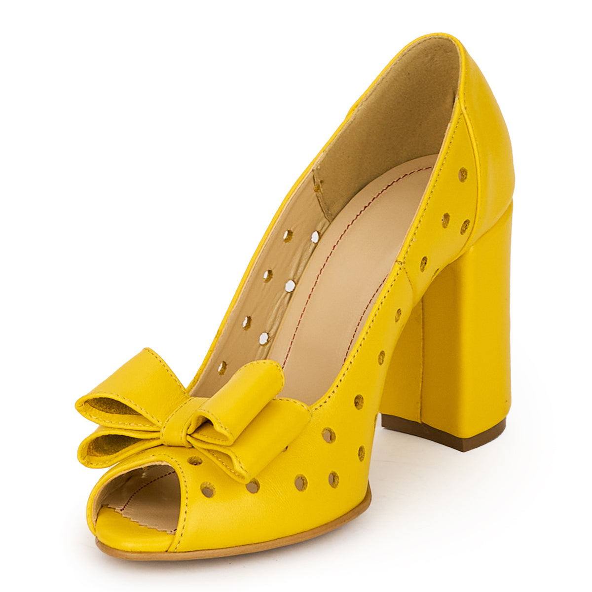 Pantofi decupati dama din piele naturala galbena cu toc gros 8 cm 1808 ...