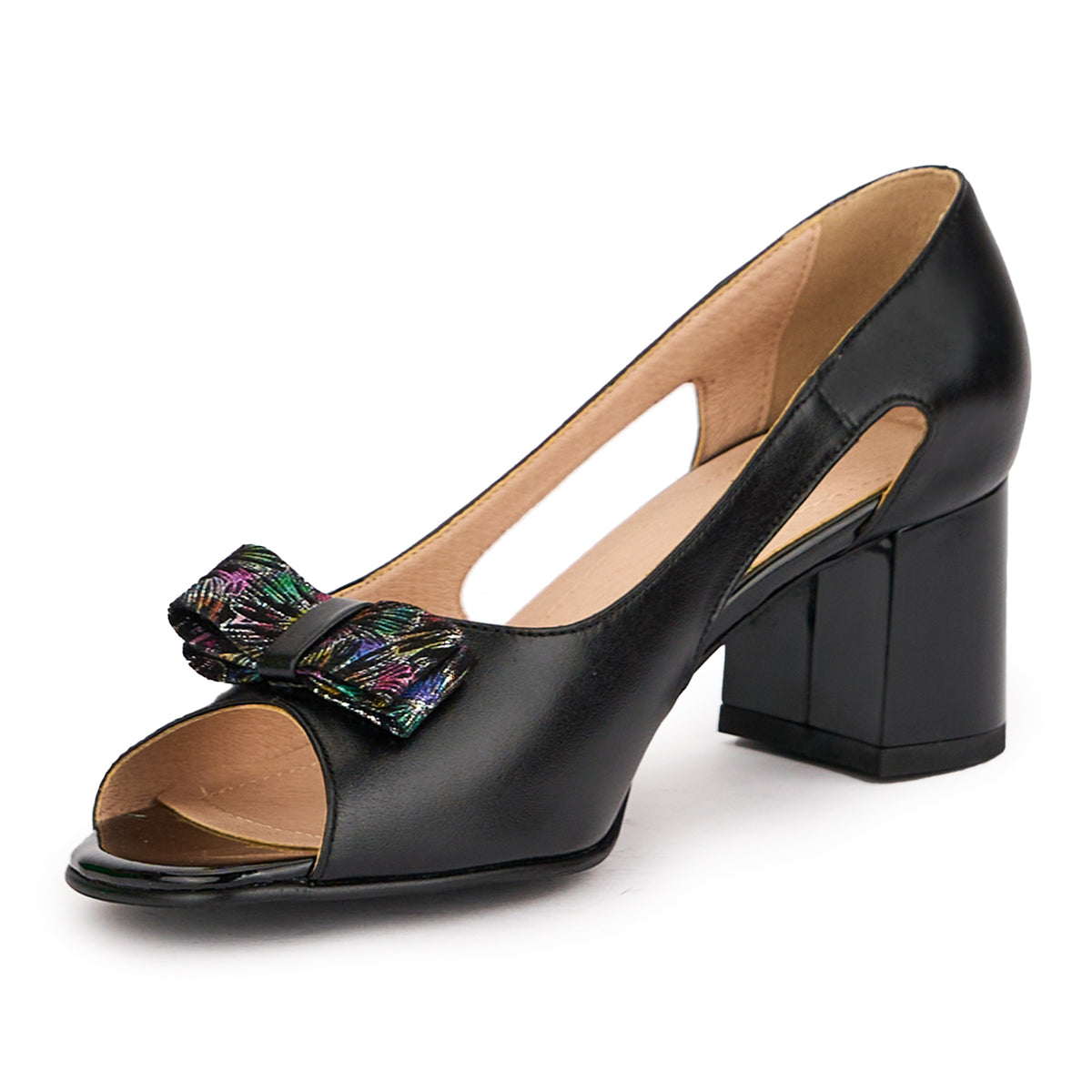 Pantofi decupati dama din piele naturala neagra cu toc gros 6 cm 16412 ...