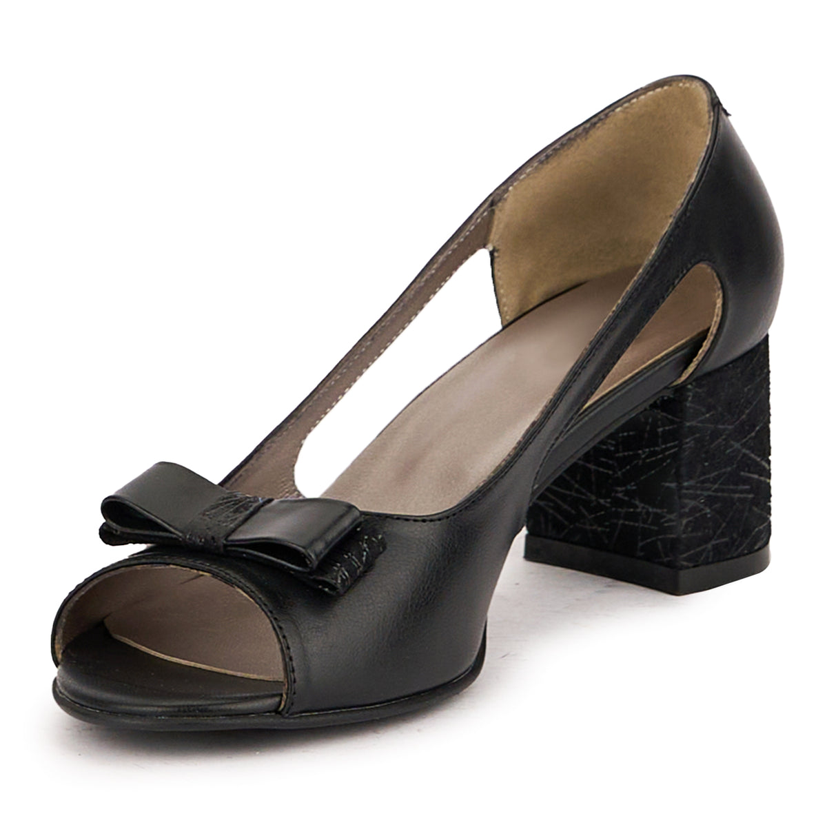 Pantofi decupati dama din piele naturala neagra cu toc gros 6 cm 16774 ...