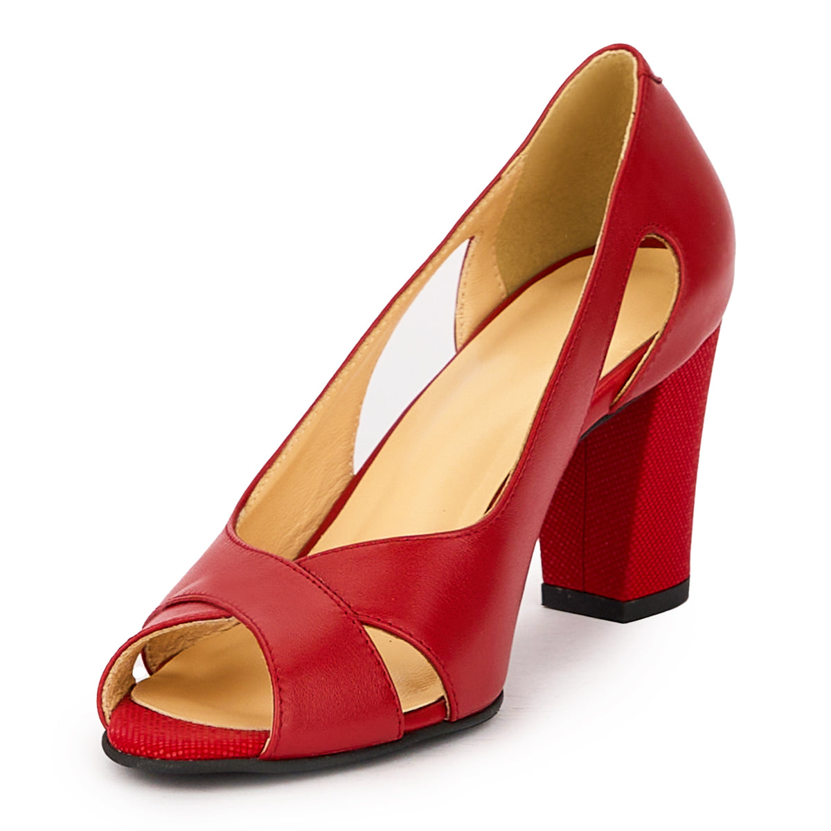 Pantofi decupati dama din piele naturala rosie cu toc gros 7 cm 15924 ...