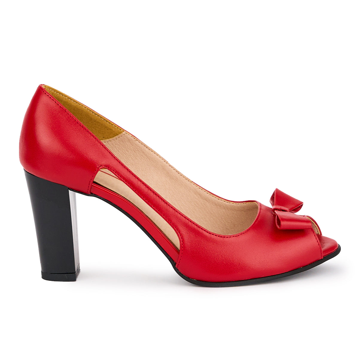 Pantofi decupati dama din piele naturala rosie cu toc gros 8 cm 16910 ...