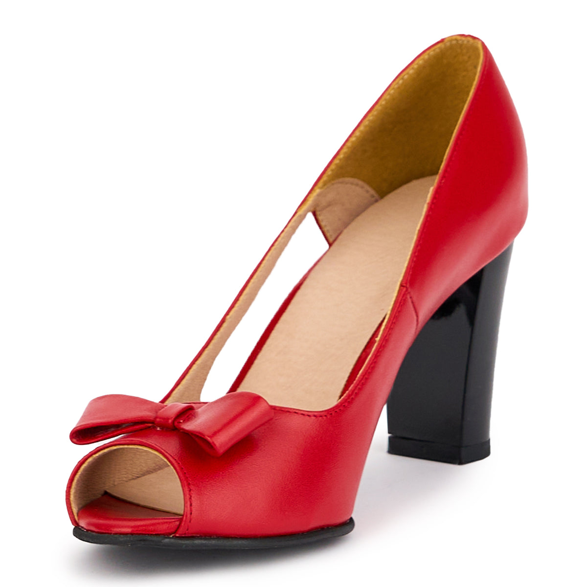 Pantofi decupati dama din piele naturala rosie cu toc gros 8 cm 16910 ...