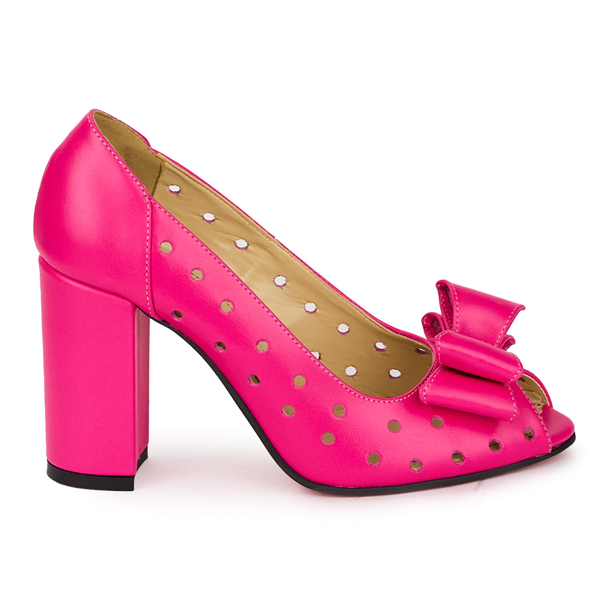 Pantofi decupati dama din piele naturala roz cu toc gros 8 cm 18079 ...