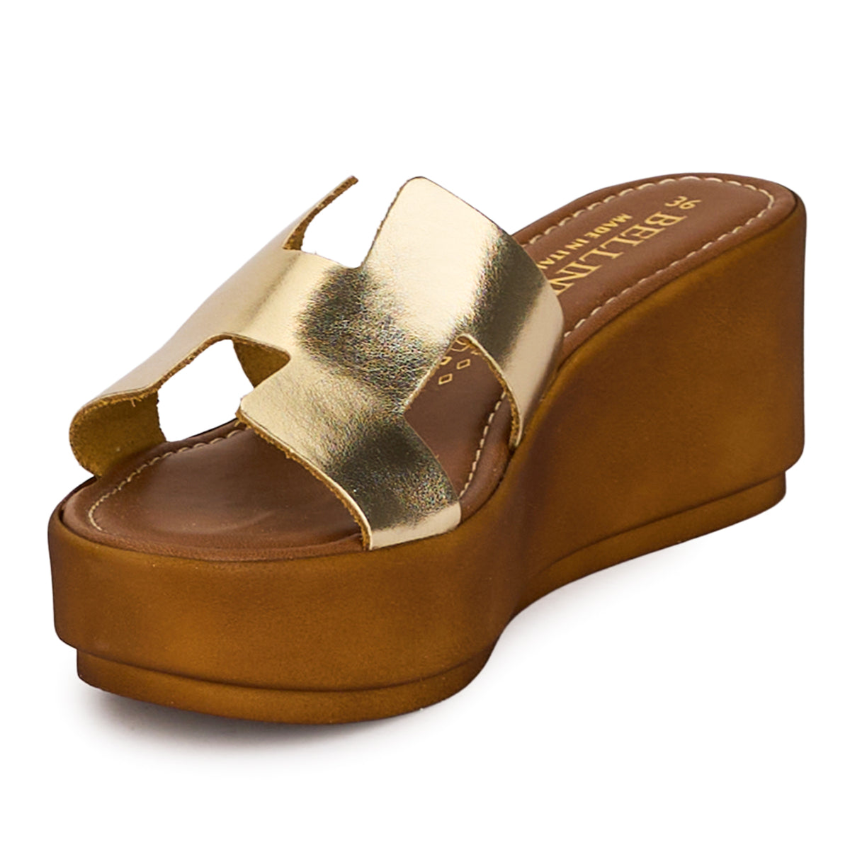 Saboti dama din piele naturala aurie cu platforma 6.5 cm 18413 ...