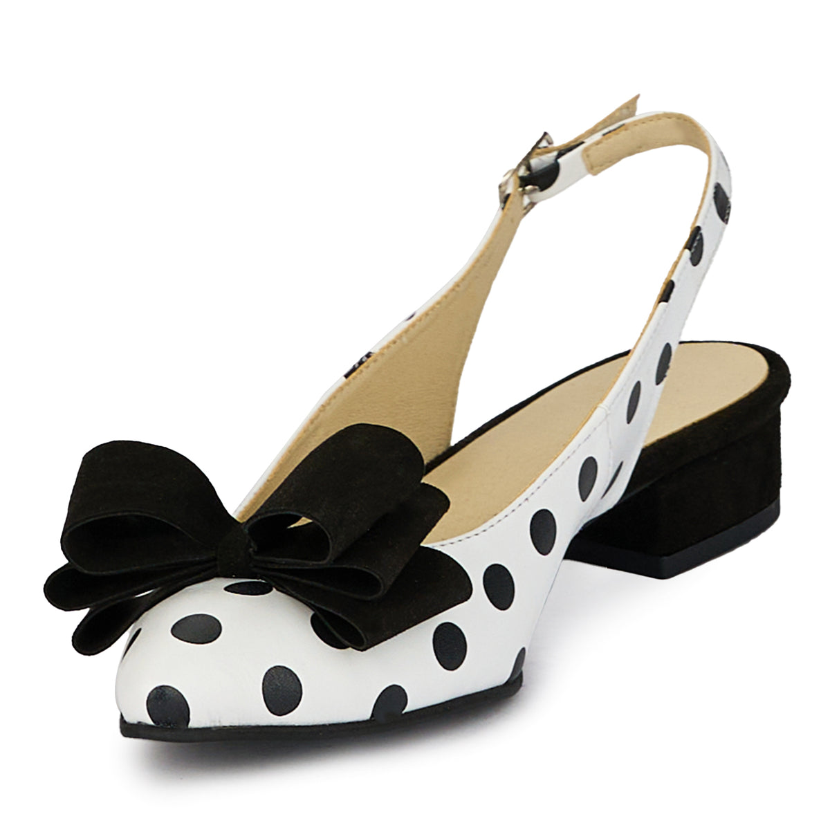 Sandale dama din piele naturala alba cu buline negre cu toc mic 3 cm 1 ...