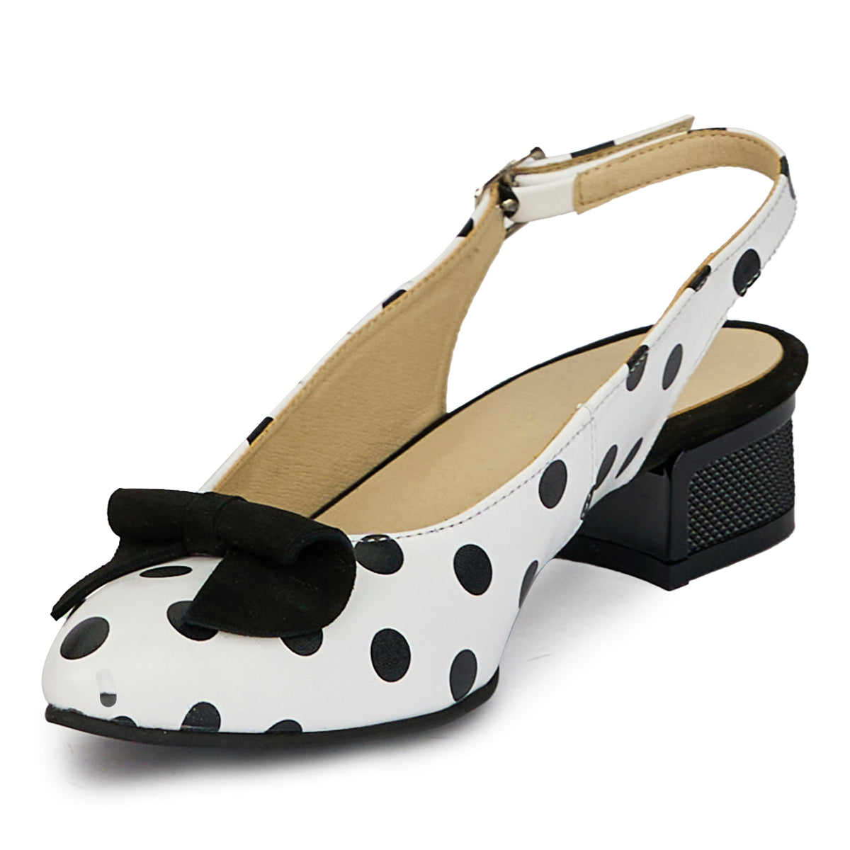 Sandale dama din piele naturala alba cu buline negre cu toc mic 3 cm 1 ...