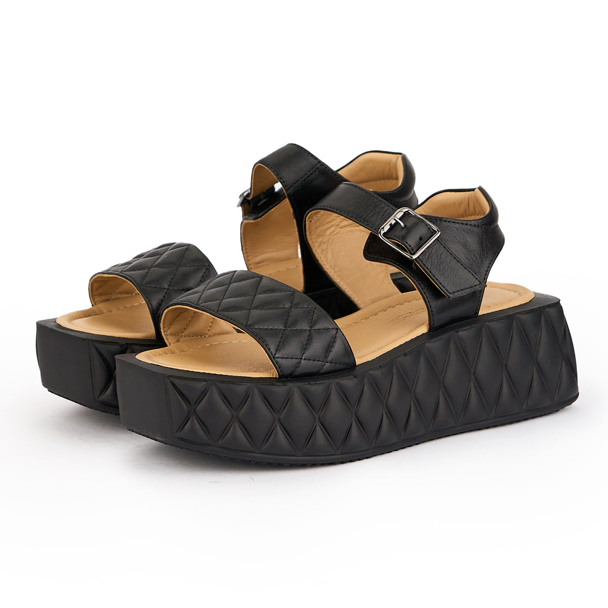 Sandale dama din piele naturala neagra cu talpa inalta 5.5 cm 16275 ...