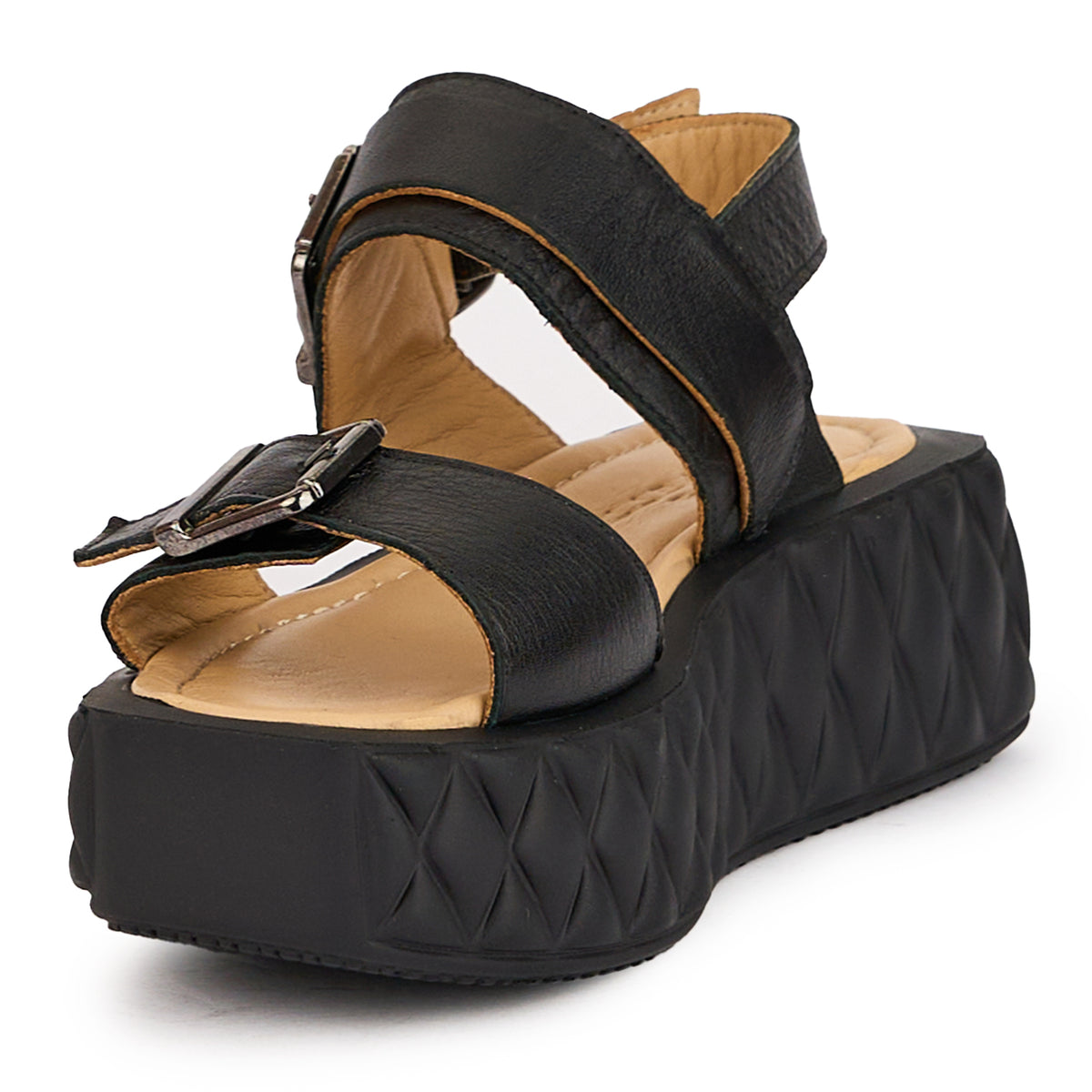 Sandale dama din piele naturala neagra cu talpa inalta 5.5 cm 16279 ...