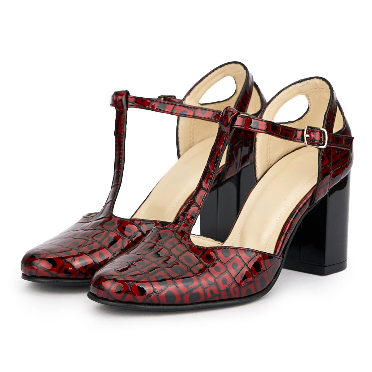 Sandale dama din piele naturala rosu-bordo cu toc gros 7.5 cm 16228 ...