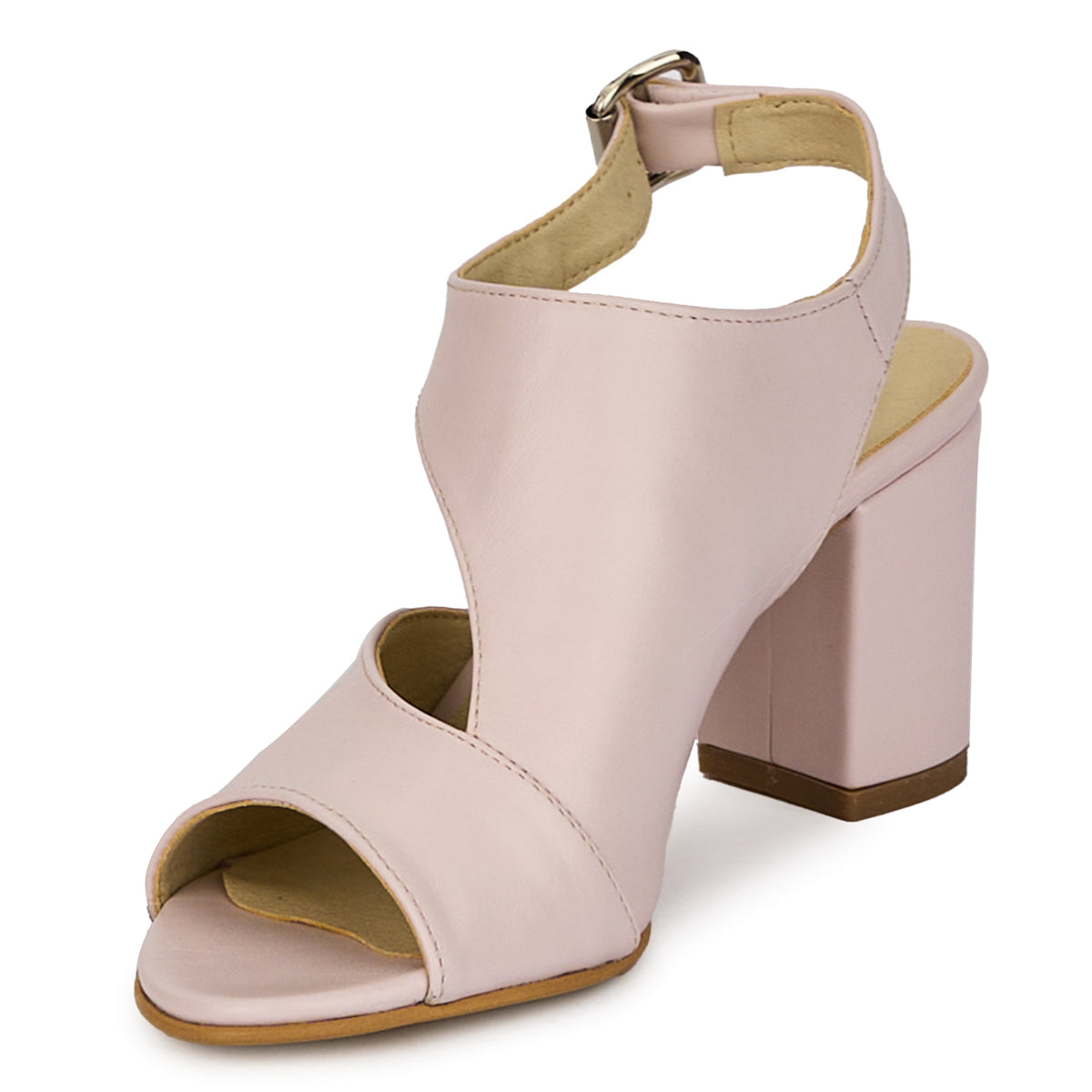 Sandale dama din piele naturala roz pal cu toc gros 7 cm 18181 ...