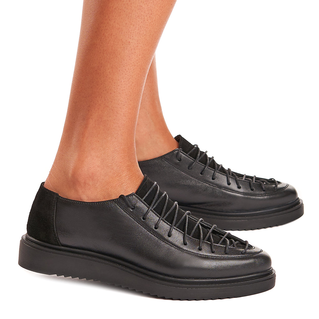 Pantofi Casual cu Siret pana in Varf din Piele Naturala Neagra 1444 ...