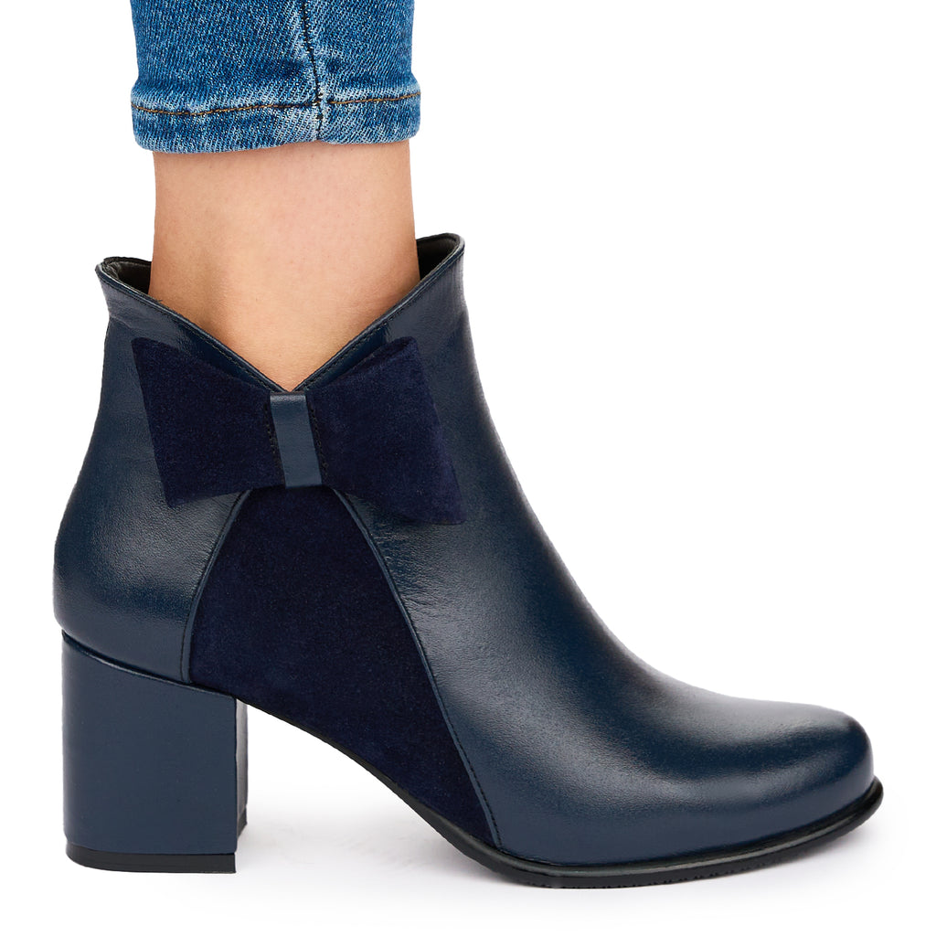 Botine Dama Din Piele Naturala bleumarin cu toc gros 6.5 cm 10599 ...
