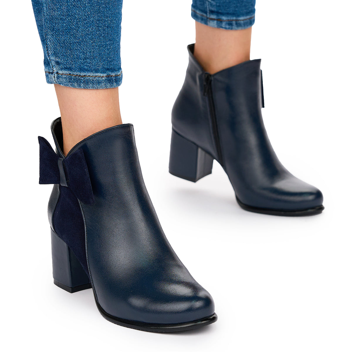 Botine Dama Din Piele Naturala bleumarin cu toc gros 6.5 cm 10599 ...