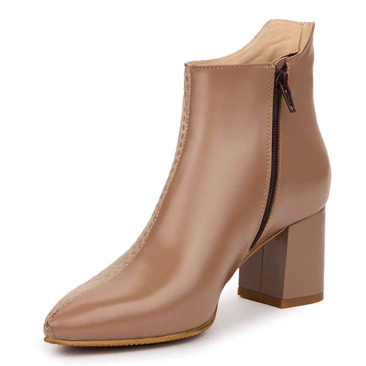 Botine dama din piele naturala bej cu toc gros 7 cm 14312 – Superlative.ro