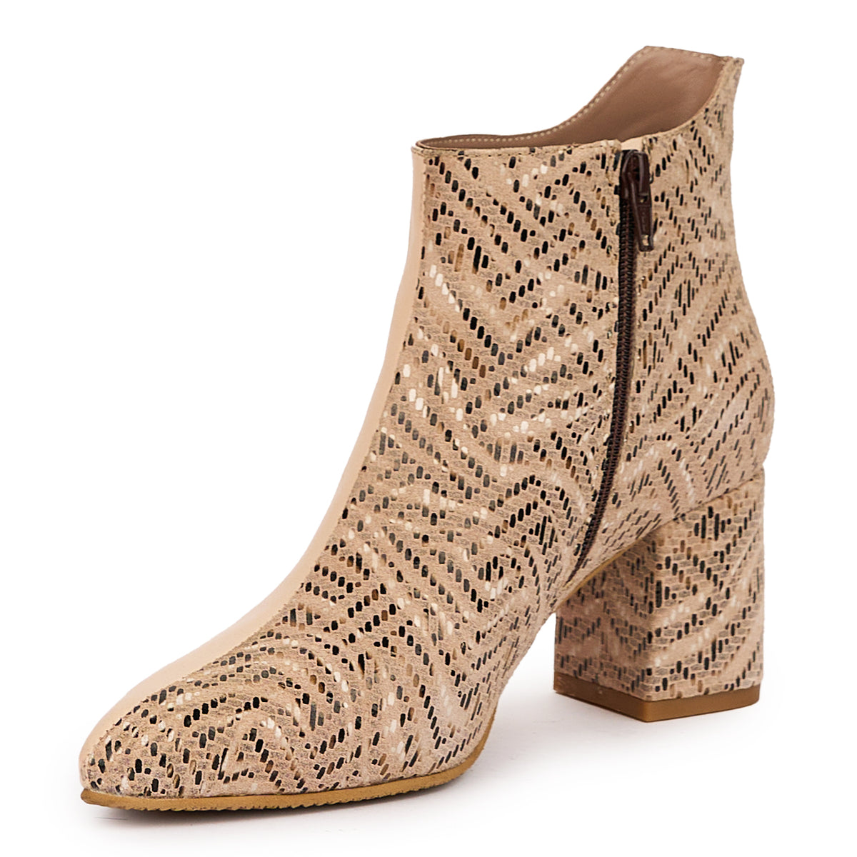 Botine dama din piele naturala bej cu toc gros 7 cm 14444 – Superlative.ro