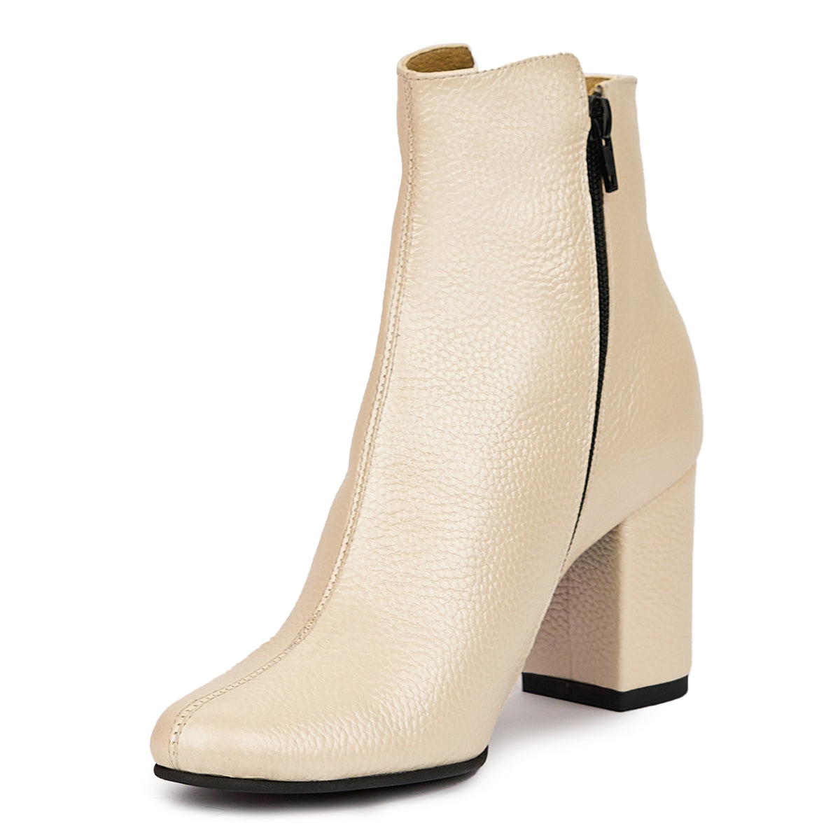 Botine dama din piele naturala crem sidefat cu toc gros 7.5 cm 14401 ...