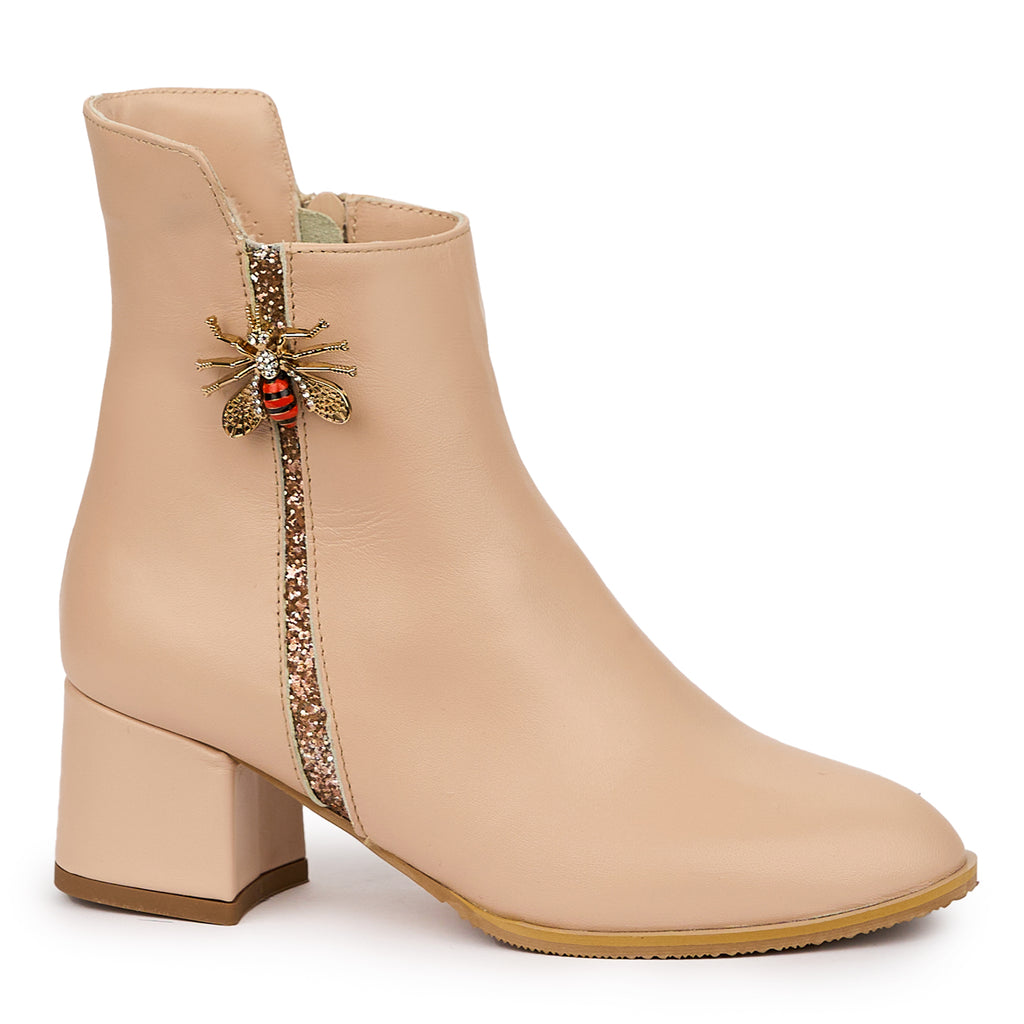 Botine dama din piele naturala roz - nude cu toc gros 5.5 cm 14263 ...