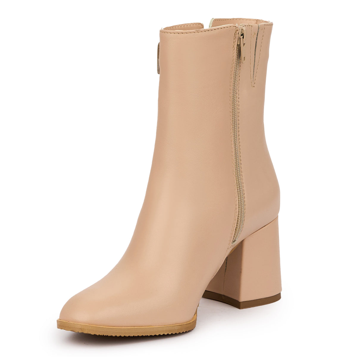 Botine dama din piele naturala roz - nude cu toc gros 7 cm 14251 ...