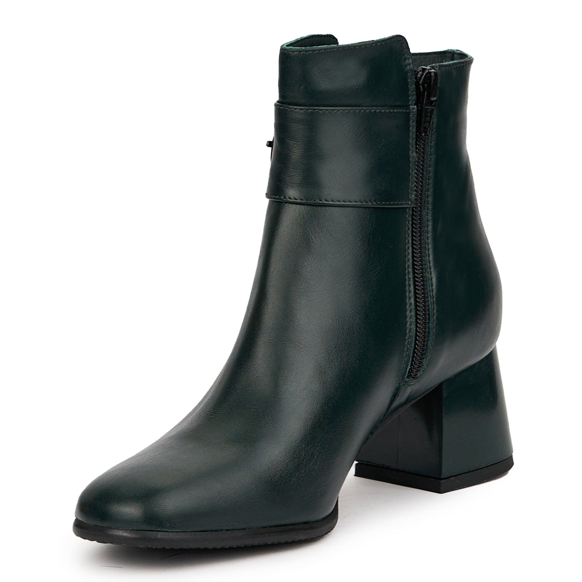 Botine dama din piele naturala verde cu toc gros 5.5 cm 14608 ...