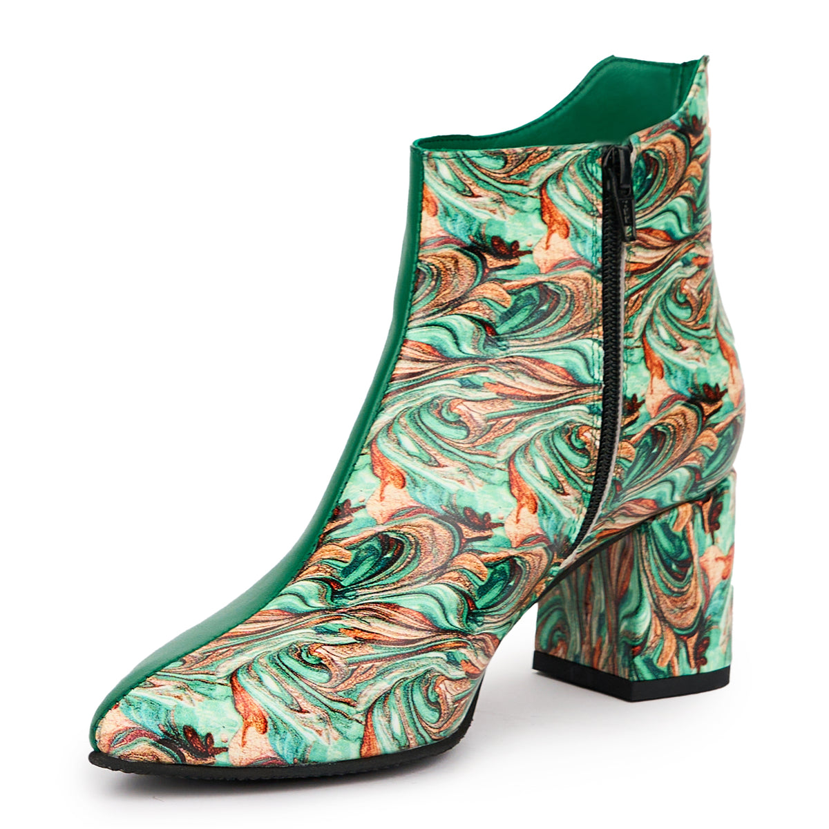 Botine dama din piele naturala verde cu toc gros 6.5 cm 14317 ...